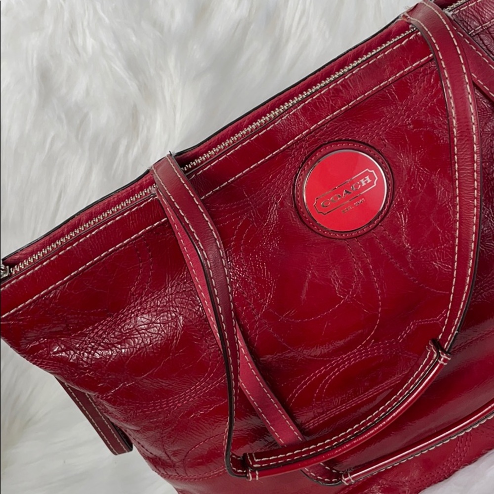Coach Signature Red Patent Leather Tote Bag Purse - Gem
